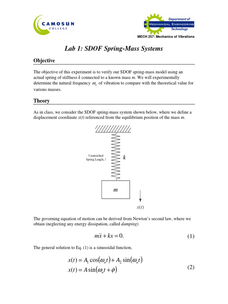Lab 1: SDOF Spring-Mass Systems: Objective | PDF | Motion (Physics ...