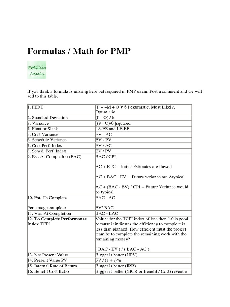 PMP Formulas List | Investing | Internal Rate Of Return