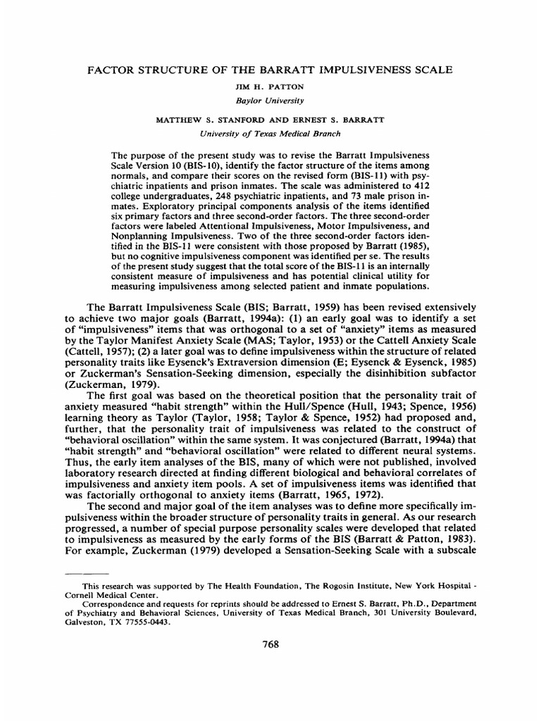 Factor Structure of Barratt Impulsiveness Scale | PDF | Impulsivity ...