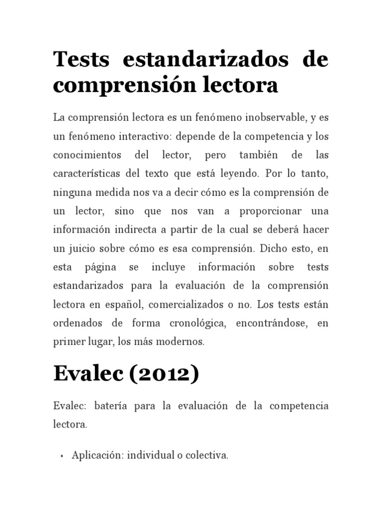 Tests Estandarizados de Comprensión | PDF | Lectura (proceso ...