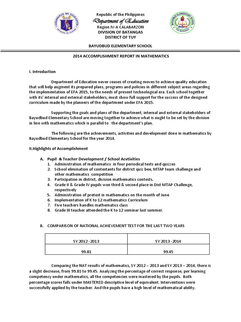 Bayudbud Elementary School 2014 Mathematics Accomplishment Report | PDF ...