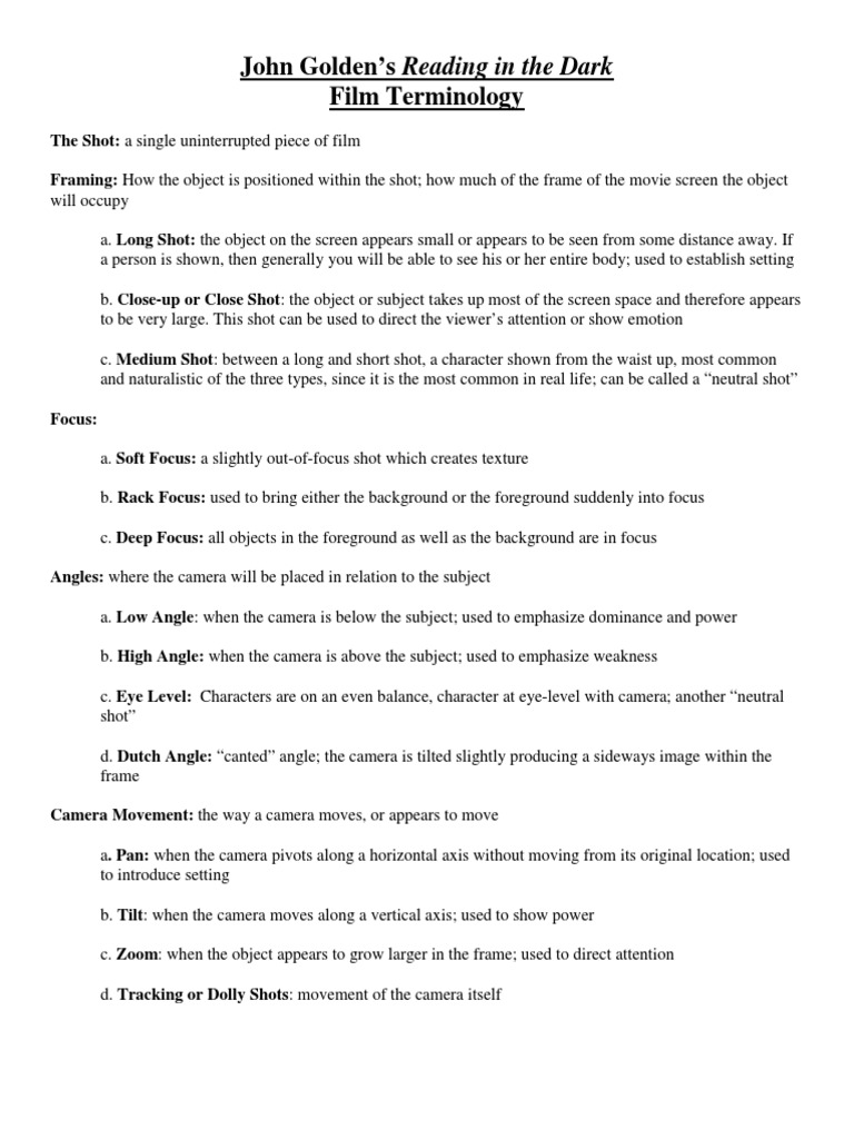 Cinematic Techniques and Terminology | PDF | Close Up | Camera