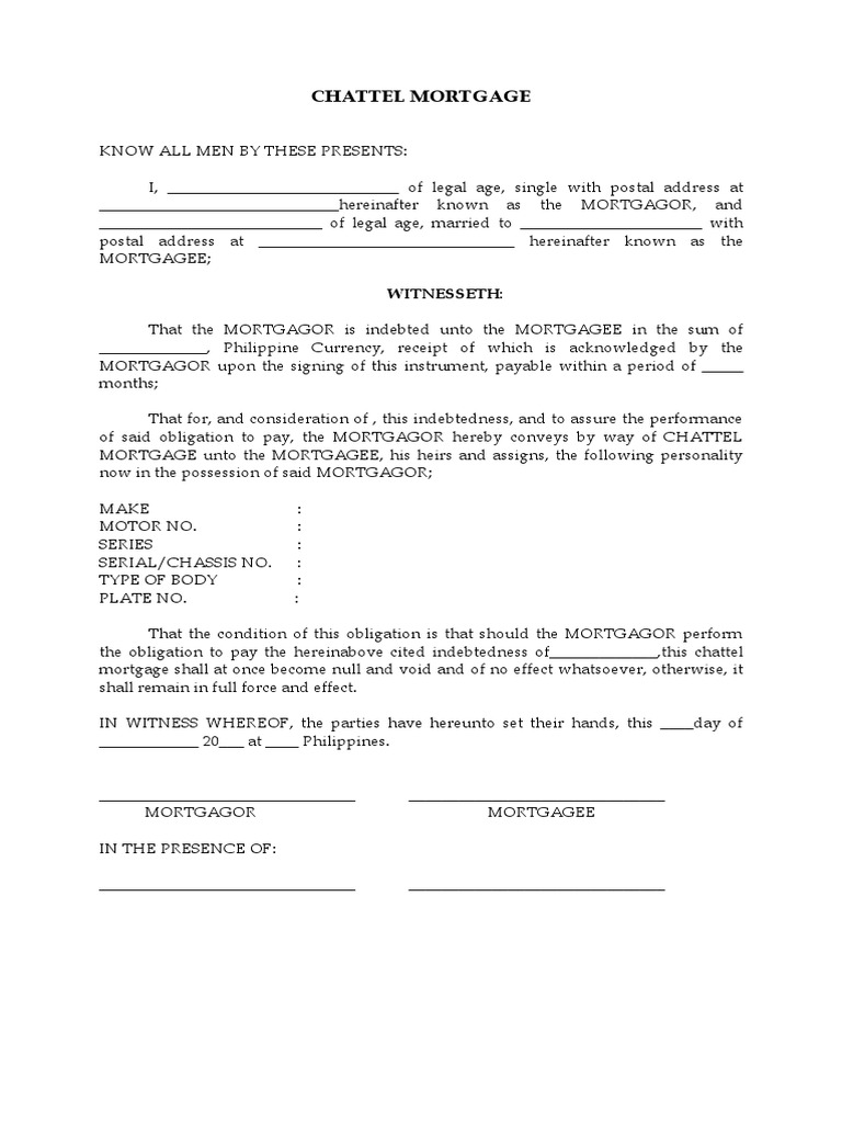 Chattel Mortgage Agreement Sample | PDF