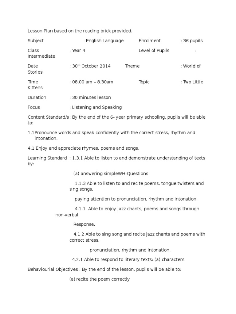 Year 4 English: Two Little Kittens Lesson | PDF | Reading Comprehension ...
