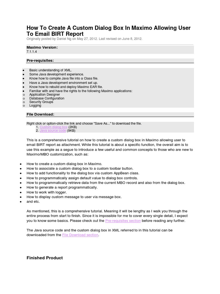 How To Create A Custom Dialog Box in Maximo Allowing User To Email BIRT Report | PDF | Method ...
