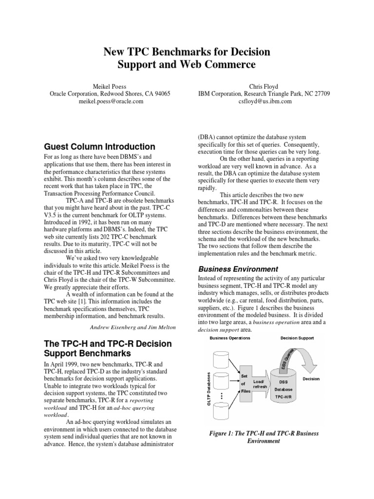 New TPC Benchmarks For Decision Support and Web Commerce: Guest Column Introduction | PDF ...