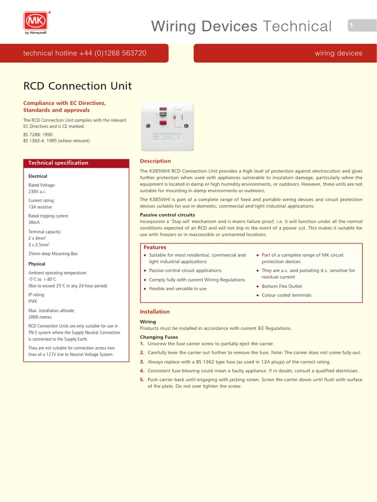 K385WHI RCD Connection Unit Tech FINAL | PDF | Electrical Wiring | Fuse ...