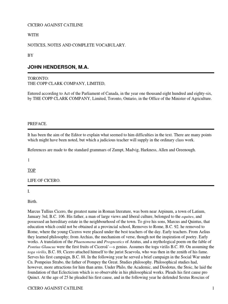 First Oration of Cicero Against Catilinewith Notices, Notes and ...