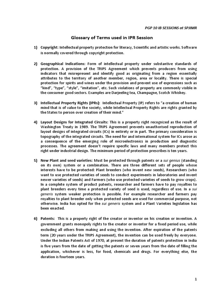 Glossary of Terms Used in IPR Session: PGP 10 Ib Sessions at Spjimr | PDF | Trips Agreement ...