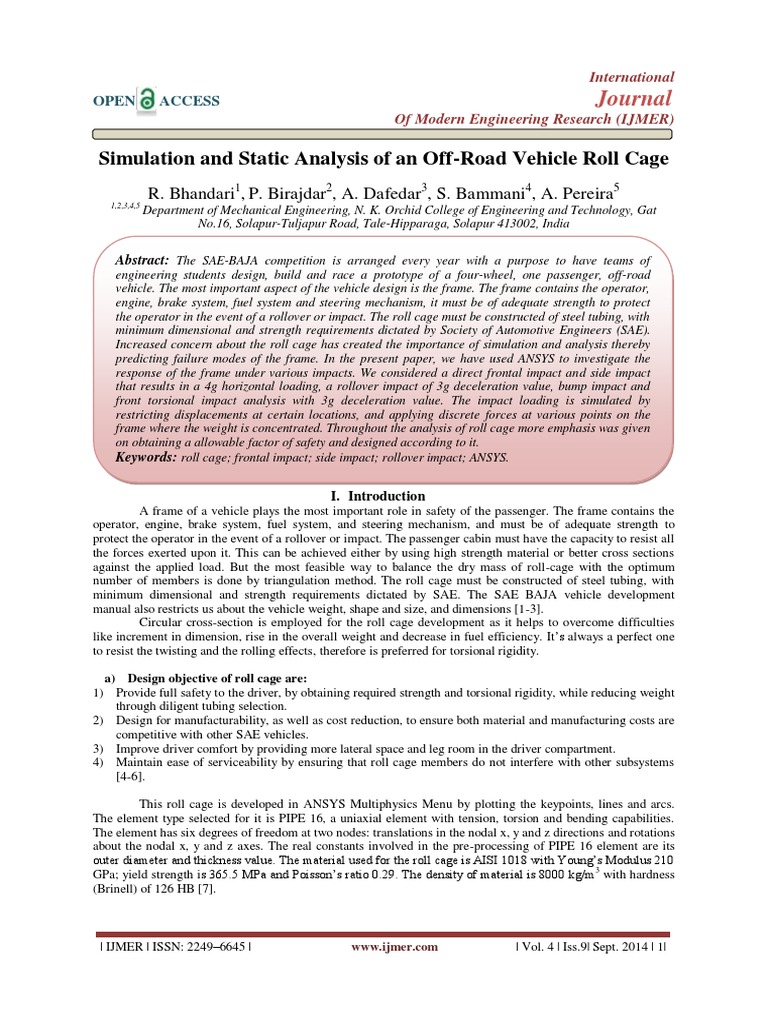 Simulation and Static Analysis of An Off-Road Vehicle Roll Cage | PDF ...