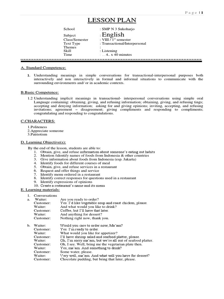 Restaurant Menu Lesson Plan | PDF | Waiting Staff | Restaurants