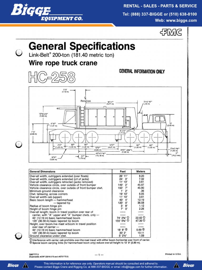 Link Belt HC258 Specifications | PDF