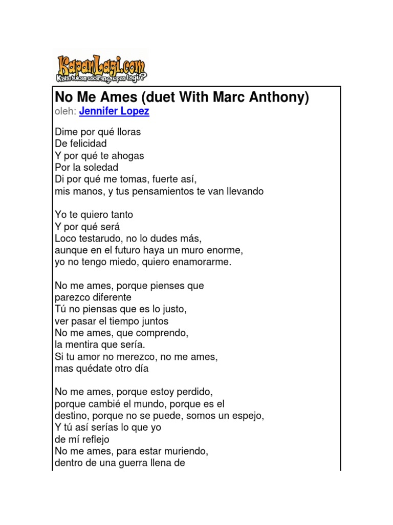 Letra de "No Me Ames" - J. Lopez y M. Anthony | PDF | Musica en español ...