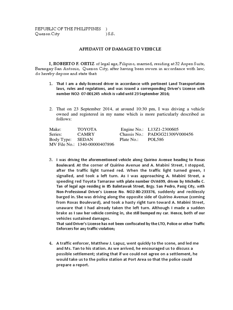 Affidavit of Damage To Vehicle | PDF | Traffic | Land Transport