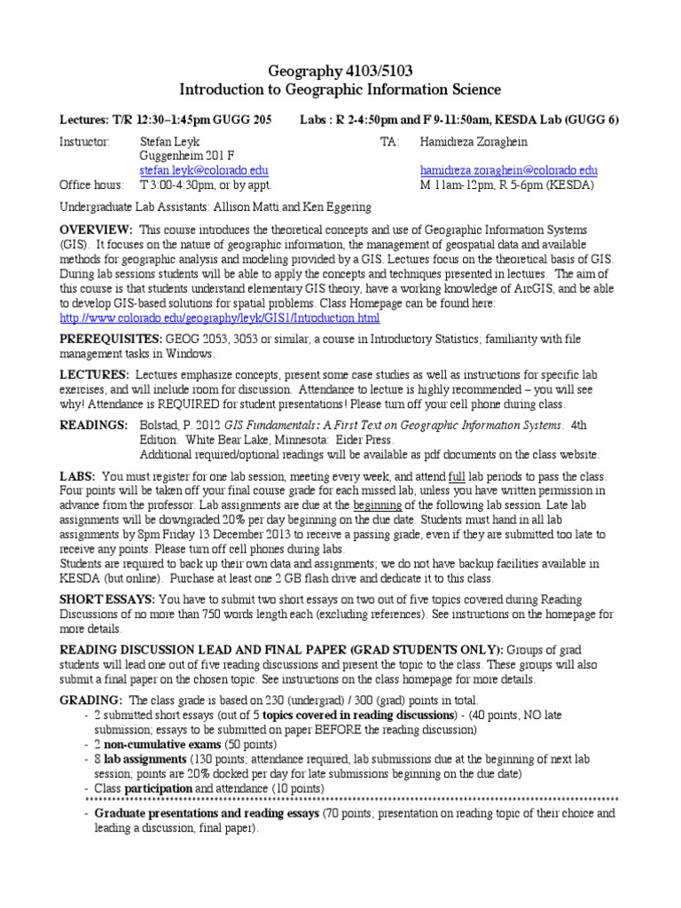 Introduction to Geographic Information Science: Syllabus for Geography 4103/5103 | PDF ...