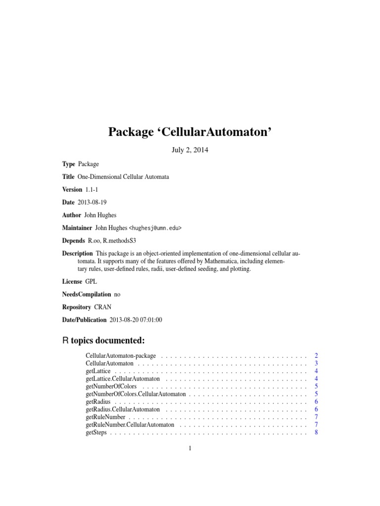 Package Cellularautomaton': R Topics Documented | PDF | Models Of Computation | Computer Programming