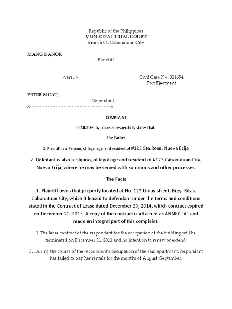 Ejectment Case: Mang Kanor vs. Peter Sicat | PDF | Lease | Lawsuit