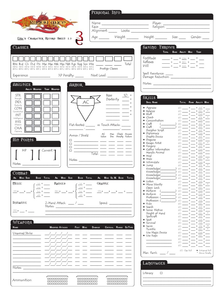 Dragonlance d20 Character Sheet