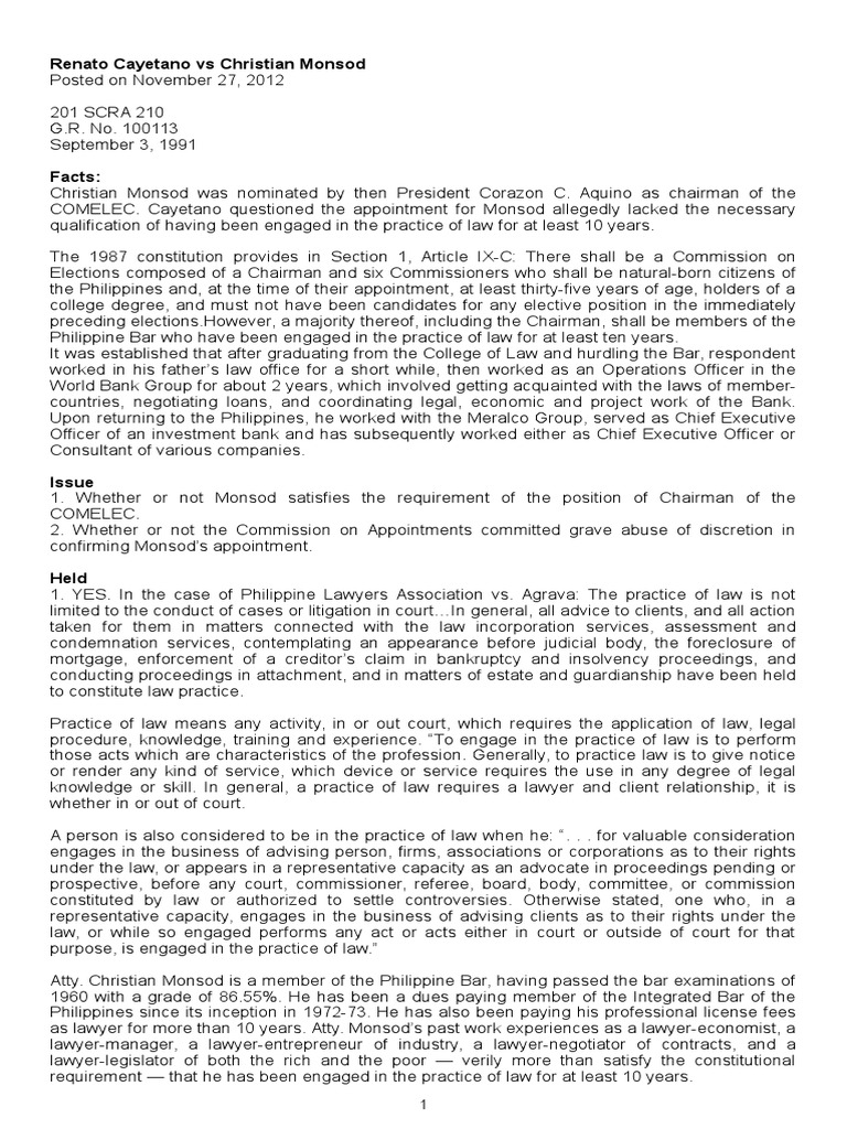 Renato Cayetano Vs Christian Monsod | PDF | Commission On Elections ...