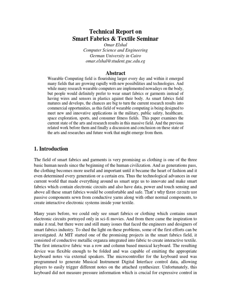 Technical Paper On Smart Fabrics and Textile | PDF | E Textiles ...
