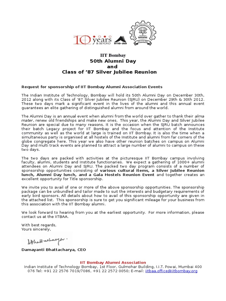 Final Alumni Day Sponsorship Request Letter-2012 | PDF | Communication ...