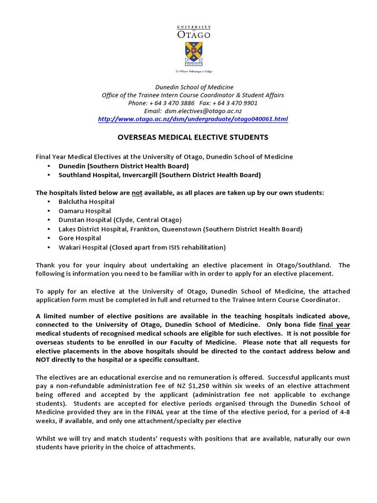 Elective application form | Internship | Medicine