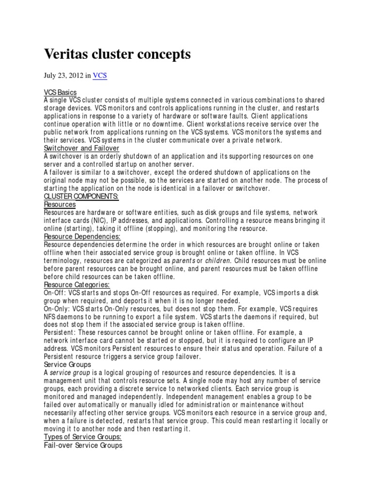 Veritas Cluster Concept | PDF | Replication (Computing) | Computer Cluster