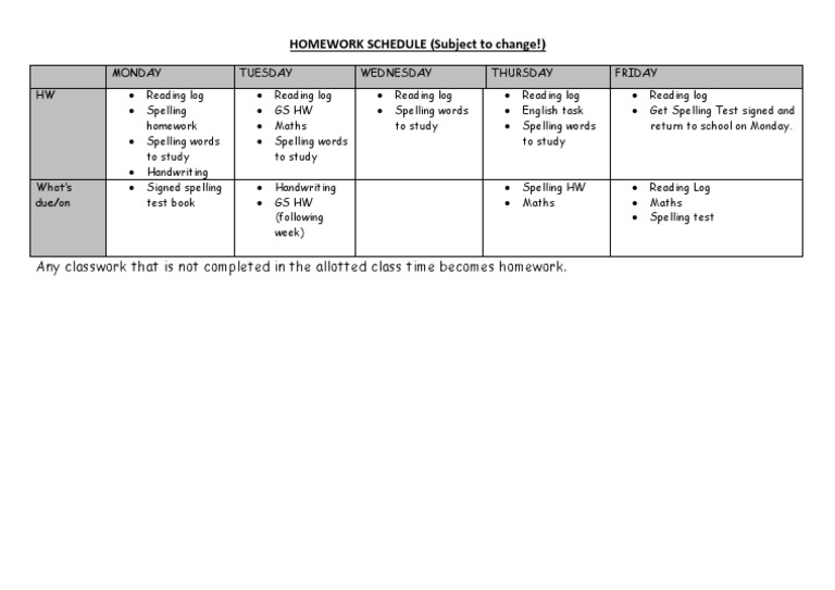 Weekly Homework Schedule Overview | PDF | Language Arts & Discipline
