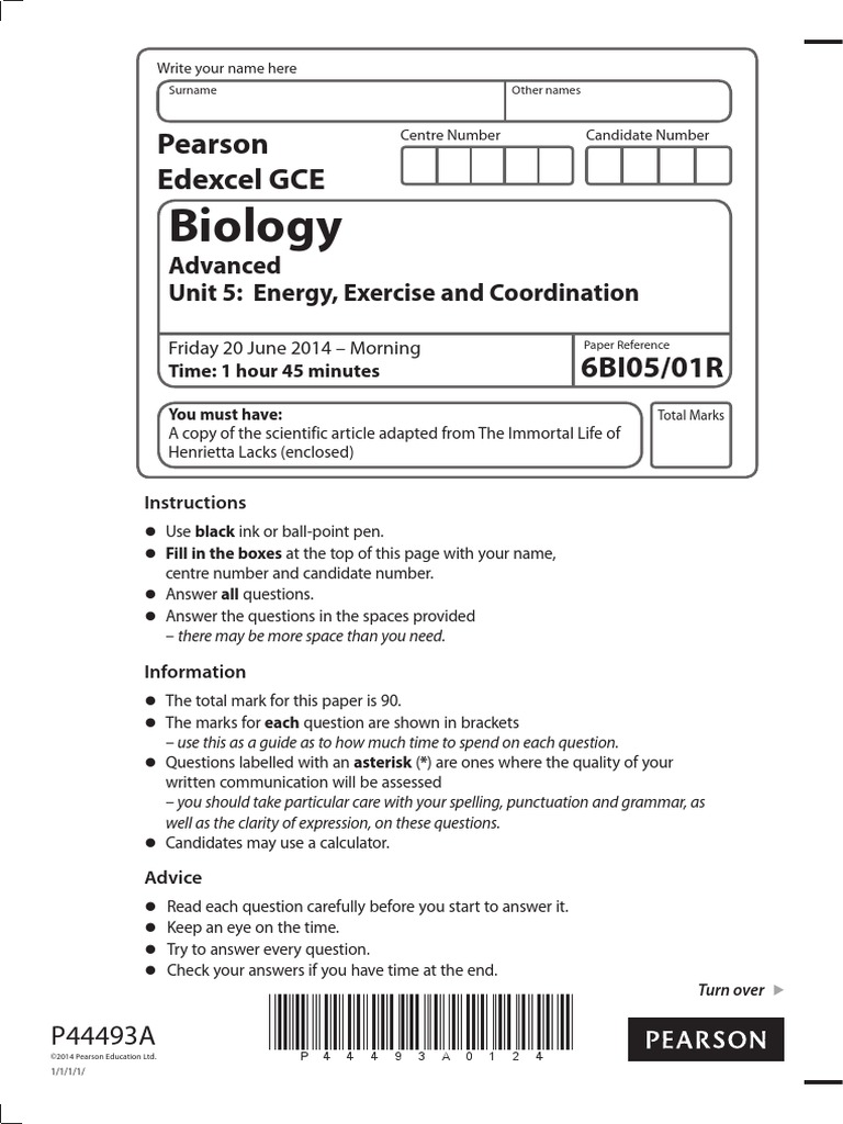 Edexcel GCE Biology Unit-5 June 2014 Question Paper (R) | PDF | Cell ...