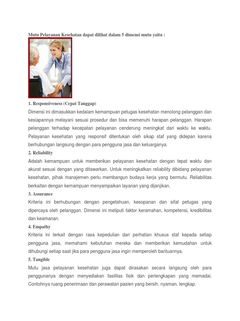 Mutu Pelayanan Kesehatan Dapat Dilihat Dalam 5 Dimensi Mutu Yaitu | PDF