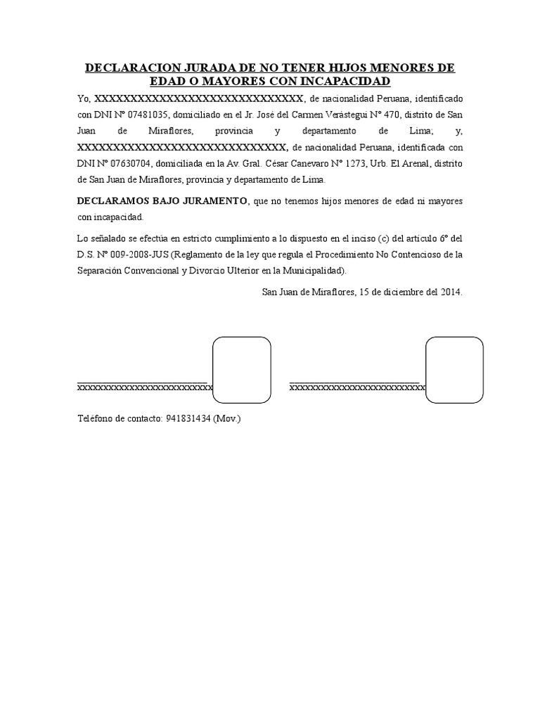 Modelo Declaraciones Jurada de No Tener Hijos | PDF