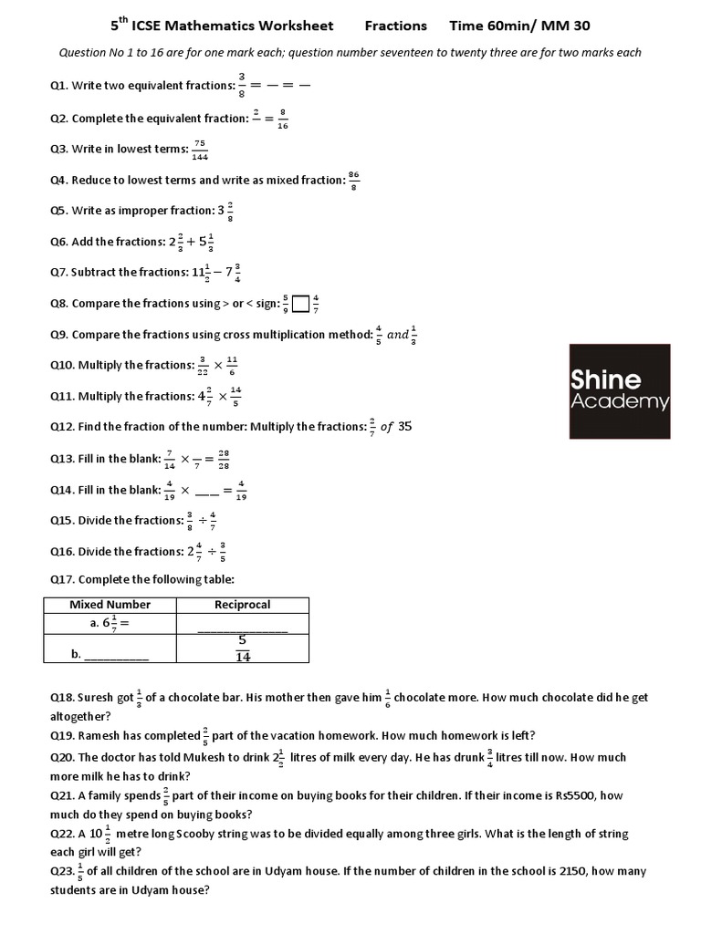 5th ICSE Mathematics Fractions Worksheet | PDF