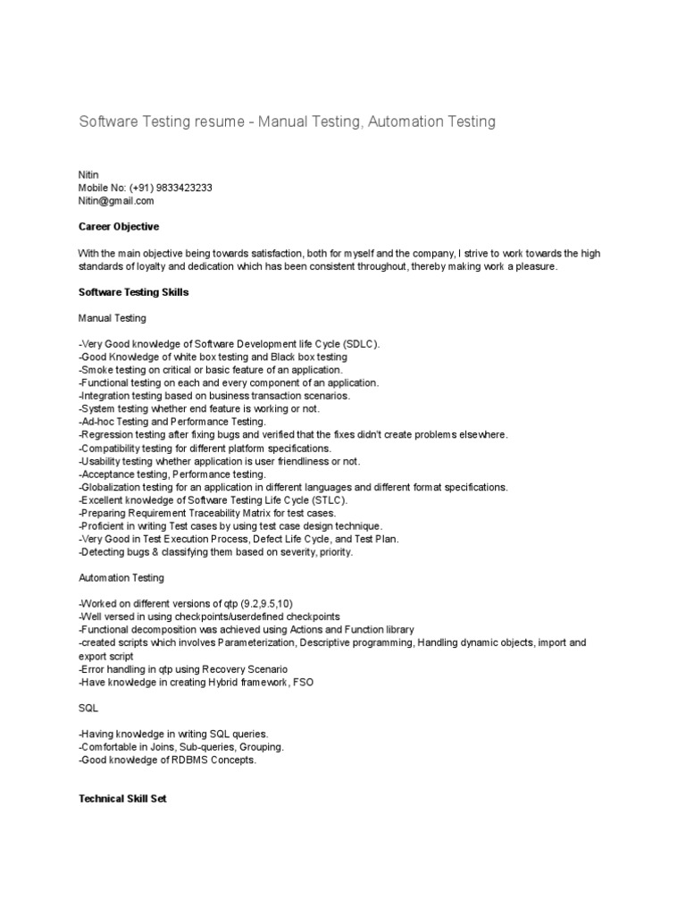 Software Testing Resume - Manual Testing, Automation Testing | PDF