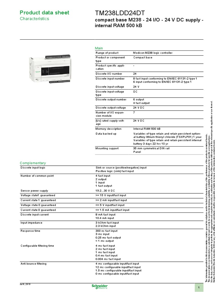 Modicon M238 Logic Controller Specs | PDF | Power Supply | Input/Output