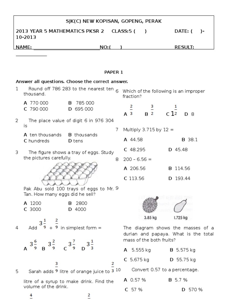 Paper 1 Answer All Questions. Choose The Correct Answer | PDF ...
