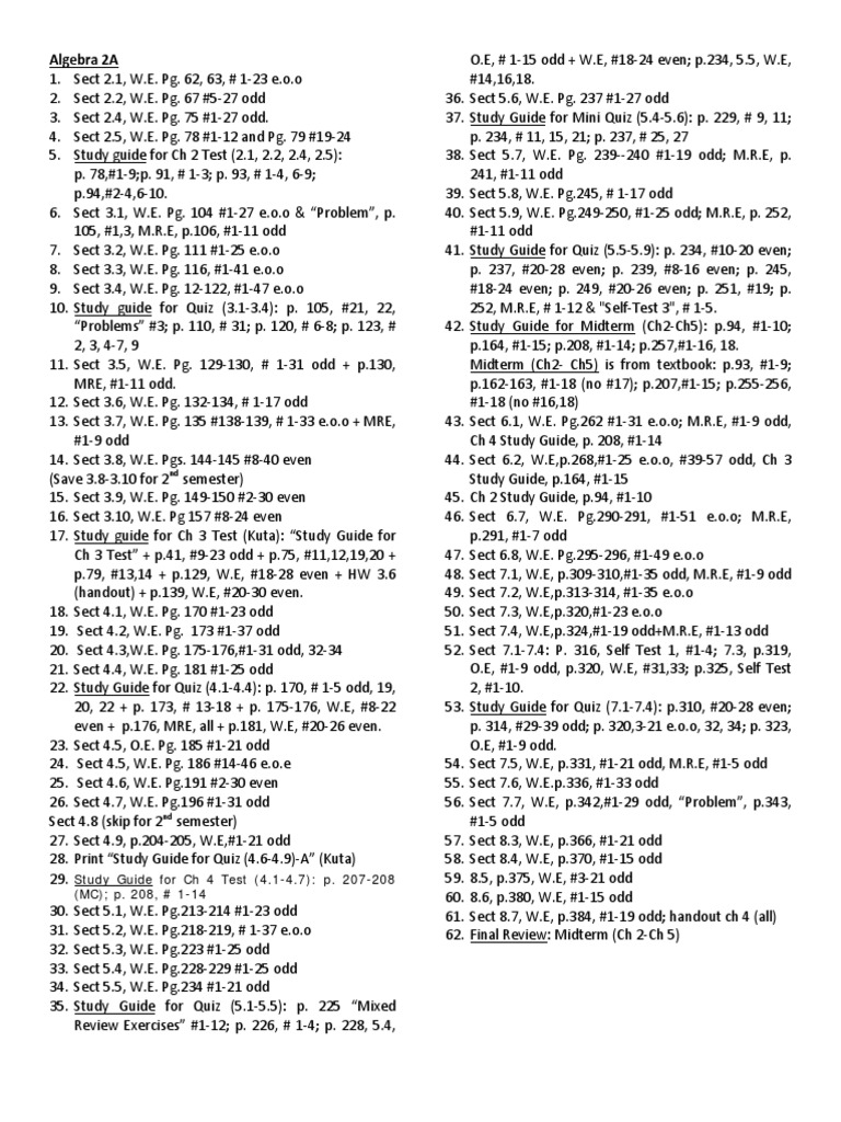 Algebra2a Assignment Sheet | PDF