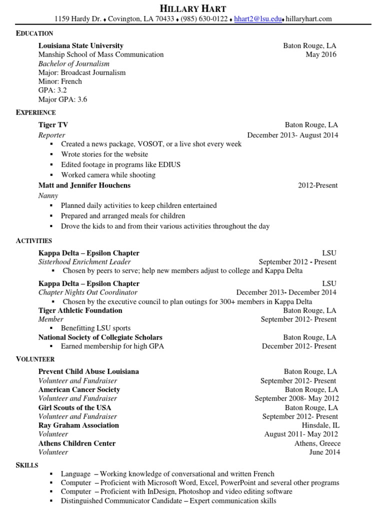 Hillary Hart: Broadcast Journalism Resume | PDF