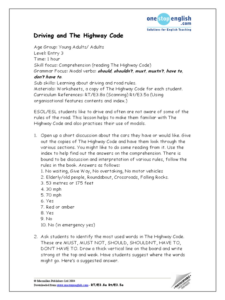 Driving Highwaycode | PDF | Reading Comprehension | English As A Second ...