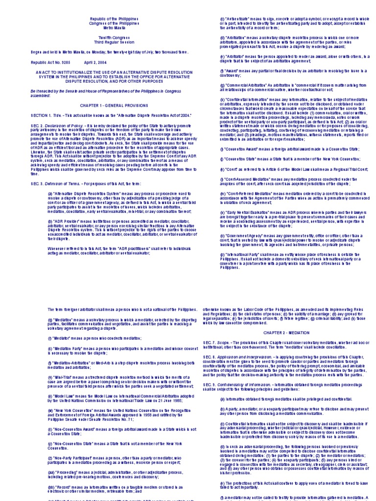 Republic Act No. 9285 | PDF | Alternative Dispute Resolution | Arbitral ...