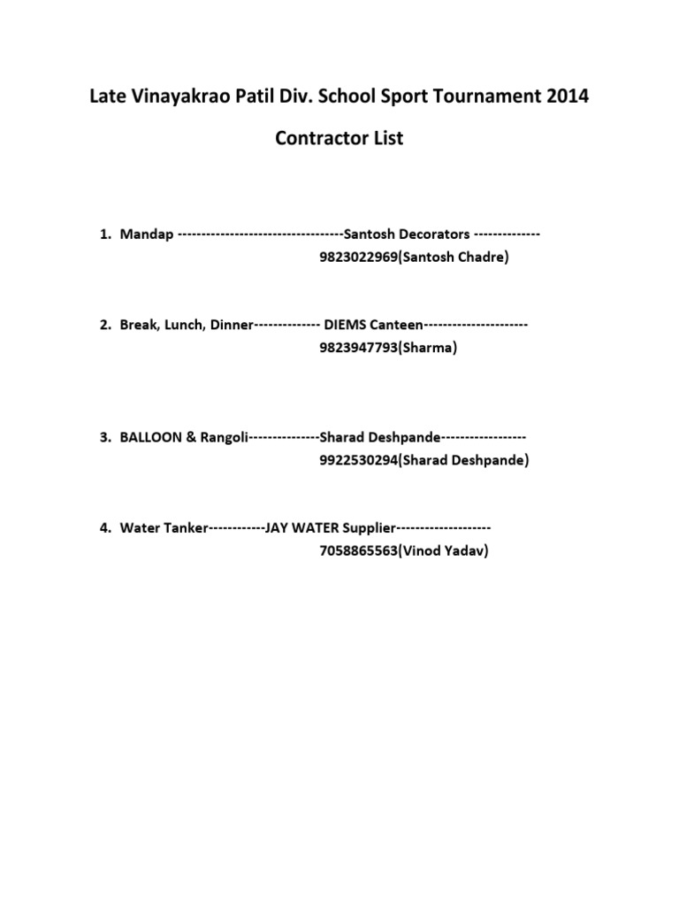 Late Vinayakrao Patil Div. School Sport Tournament 2014 Contractor List ...