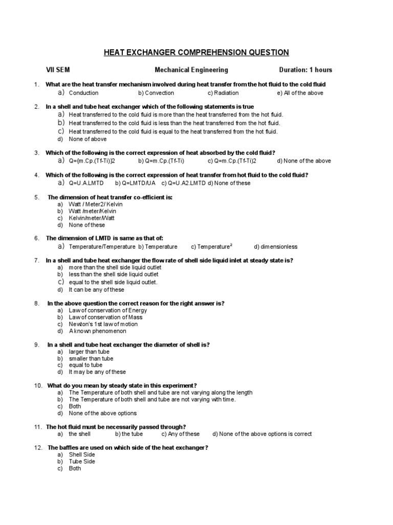 Heat Exchanger Comprehension QP | PDF | Heat Exchanger | Heat Transfer