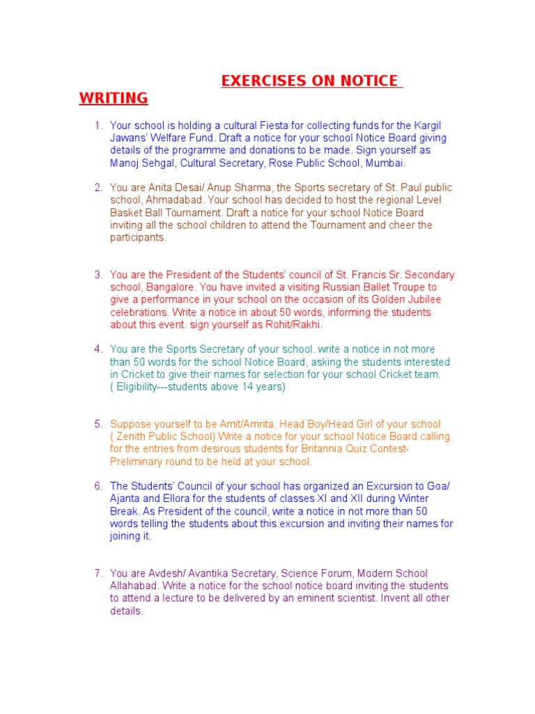 Exercises On Notice Writing | PDF