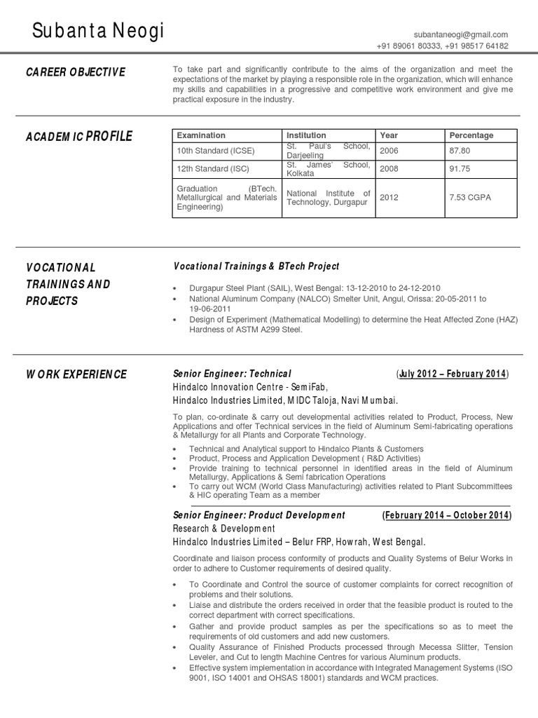 Metallurgical Engineer Resume | PDF | Technology & Engineering