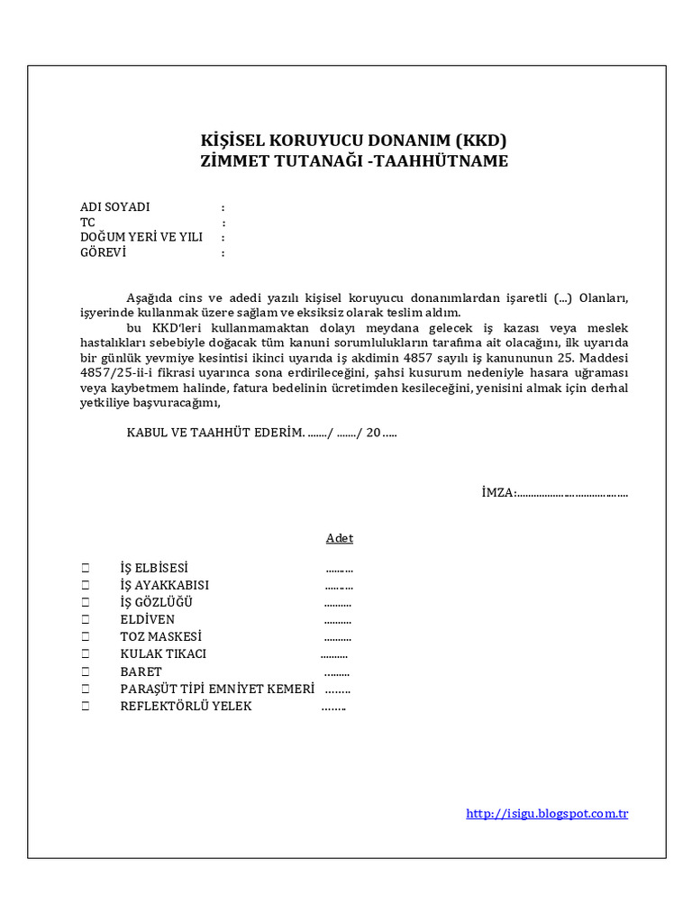 Kişisel Koruyucu Ekipman Zimmet Tutanağı | PDF