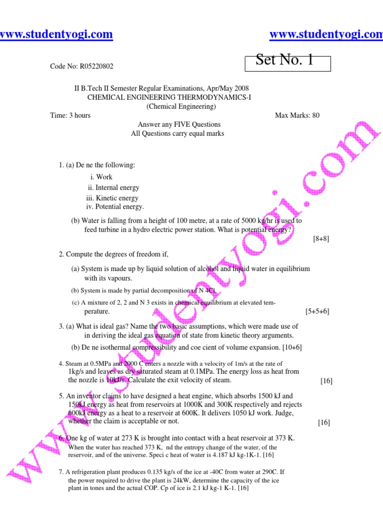 JNTU Chemical Engineering Thermodynamics Exam | PDF | Heat | Temperature