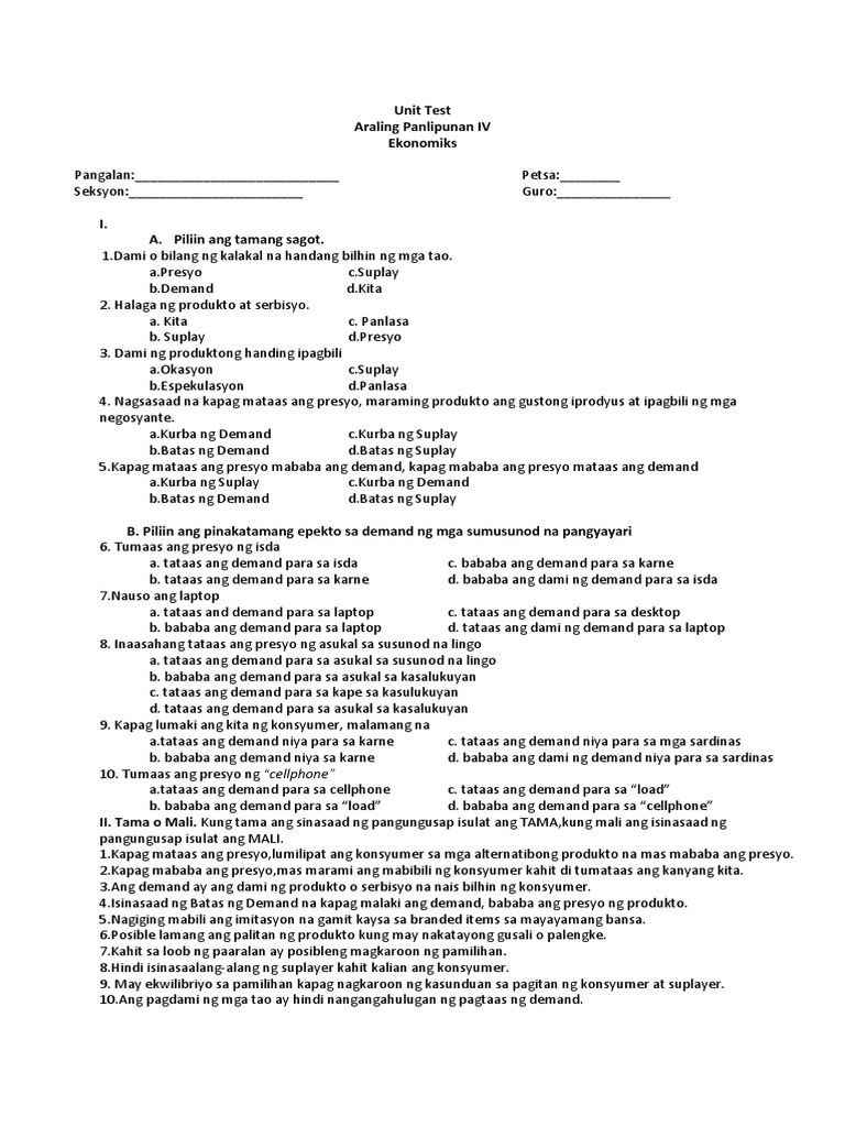 Unit Test in Araling Panlipunan