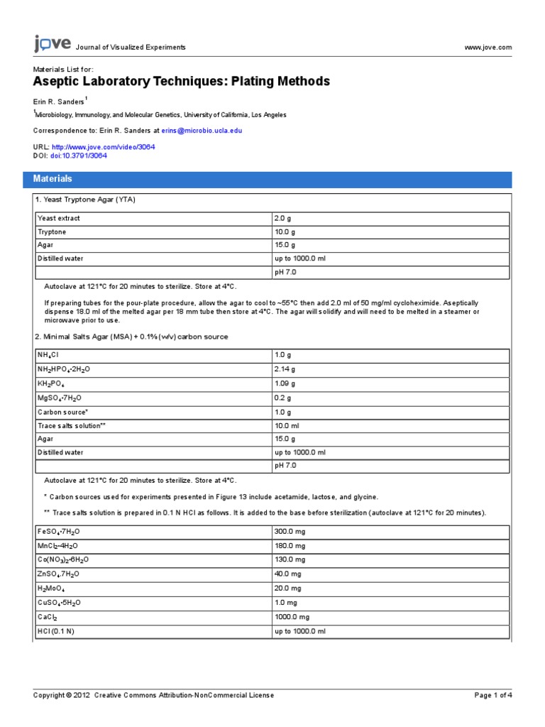 Jove Materials 3064 Aseptic Laboratory Techniques Plating Methods PDF | PDF | Mass Concentration ...