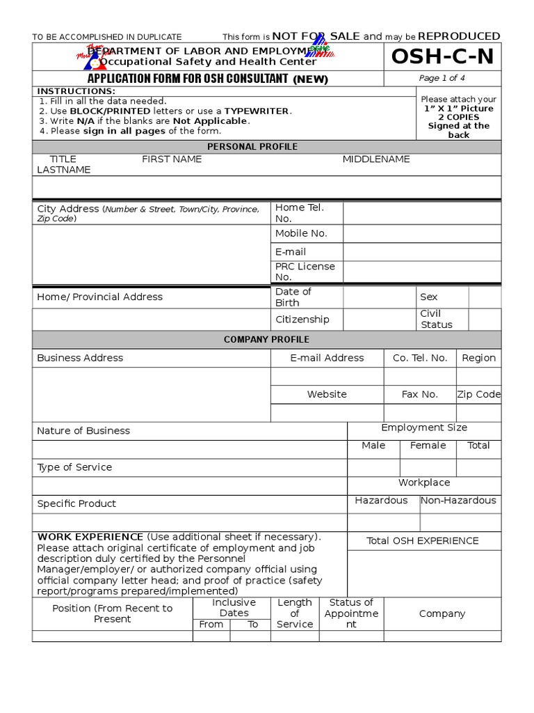 OSH Consultant Application Form | PDF | Occupational Safety And Health ...