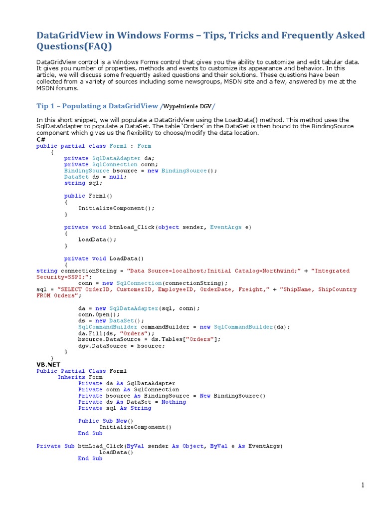 Data Grid View In Windows Forms Pdf Faq C Sharp Programming