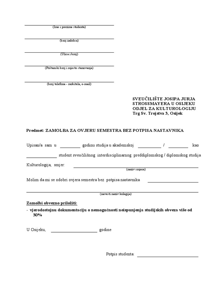 Zamolba Za Ovjeru Semestra Bez Potpisa Nastavnika PDF | PDF